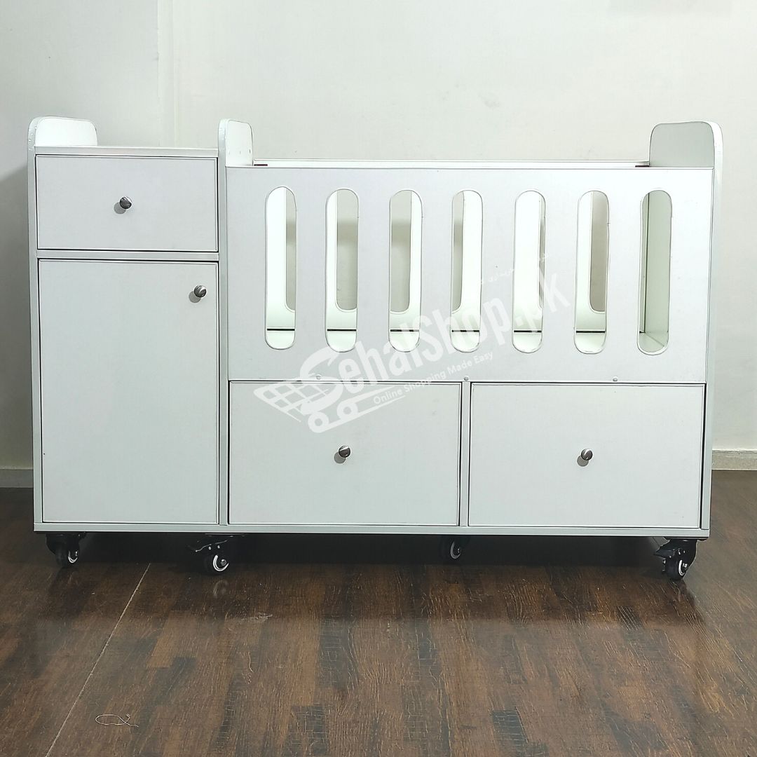 White Premium Newborn Baby Cot With Chester Back Opening Sehalshop.pk